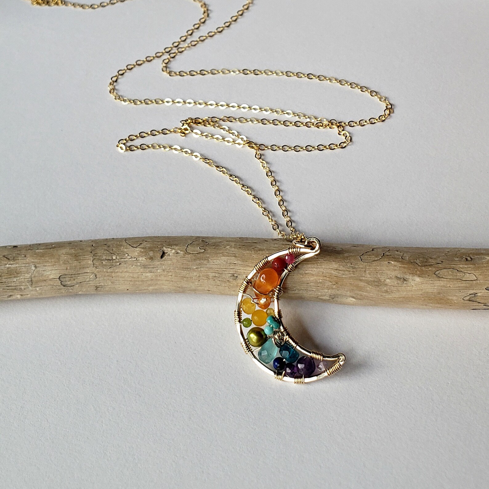 Woven Rainbow Necklace, Rainbow Moon Pendant, Rainbow Crescent Moon ...