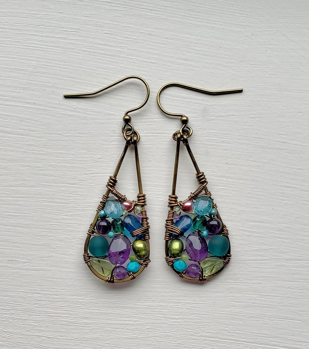 Peacock Copper Hoops, Blue Purple Gemstone Earrings, Woven Amethyst ...