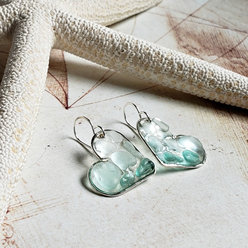 Beach Glass Heart Earrings, Aqua Sea Glass Hearts, Small Resin Heart ...