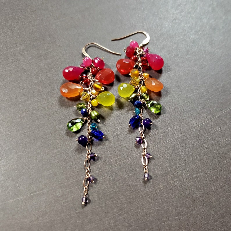 Rainbow Gemstone Dangle Earrings Long Dangle Earrings Boho Etsy