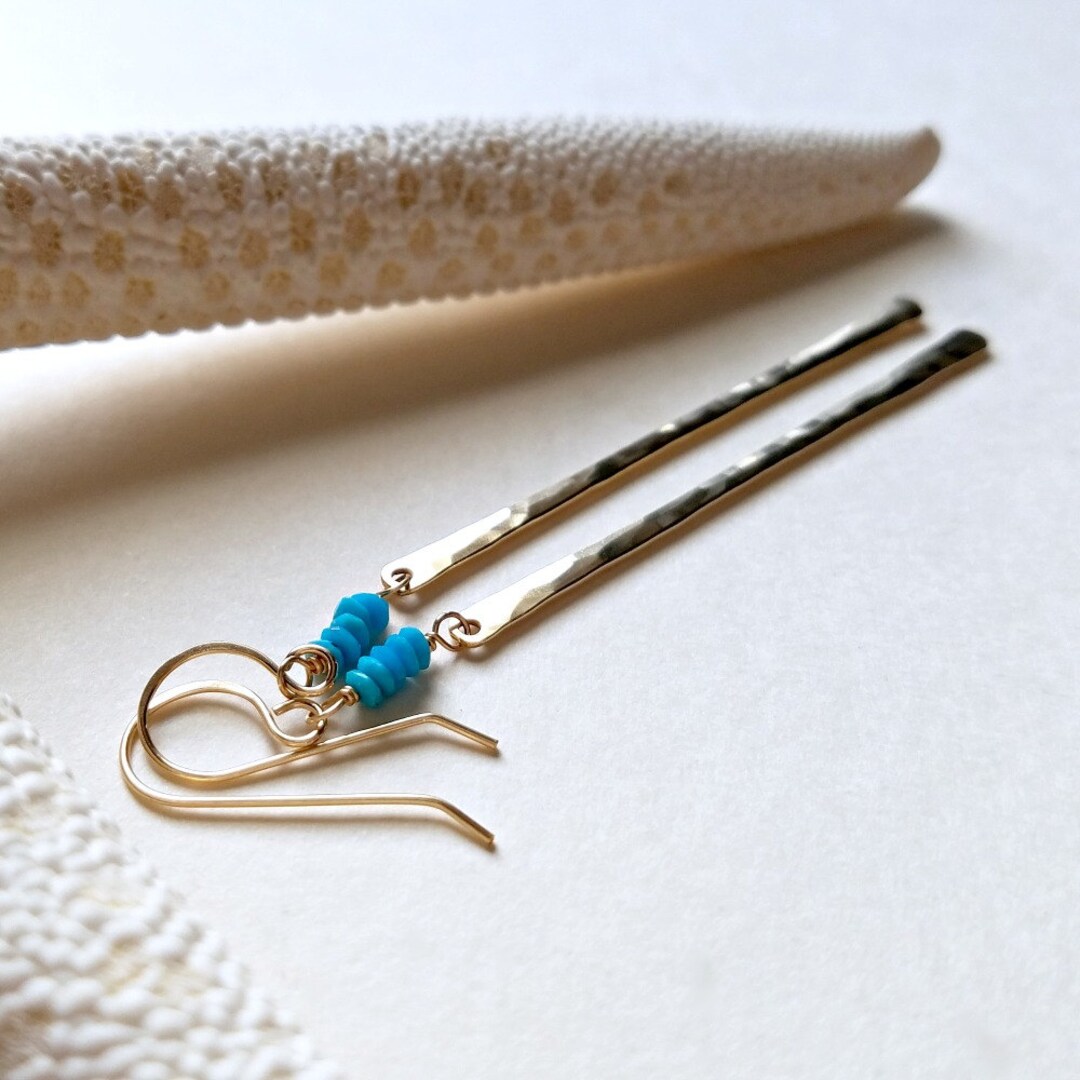 Long Turquoise Bar Earrings, Sleeping Beauty Turquoise Dangle, Hammered ...