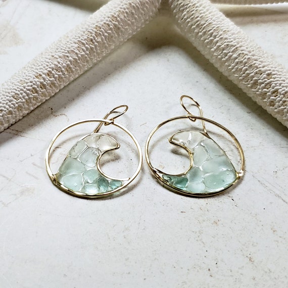 Sea Glass Wave Earrings Ombre Sea Glass Earrings Beach Glass Hoops Resin Wave Hoops Etsy