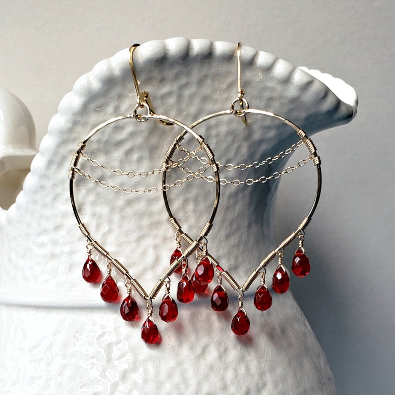 Red Drop Chandelier Earrings, Red Lotus Hoop Earings, Red Chandelier ...