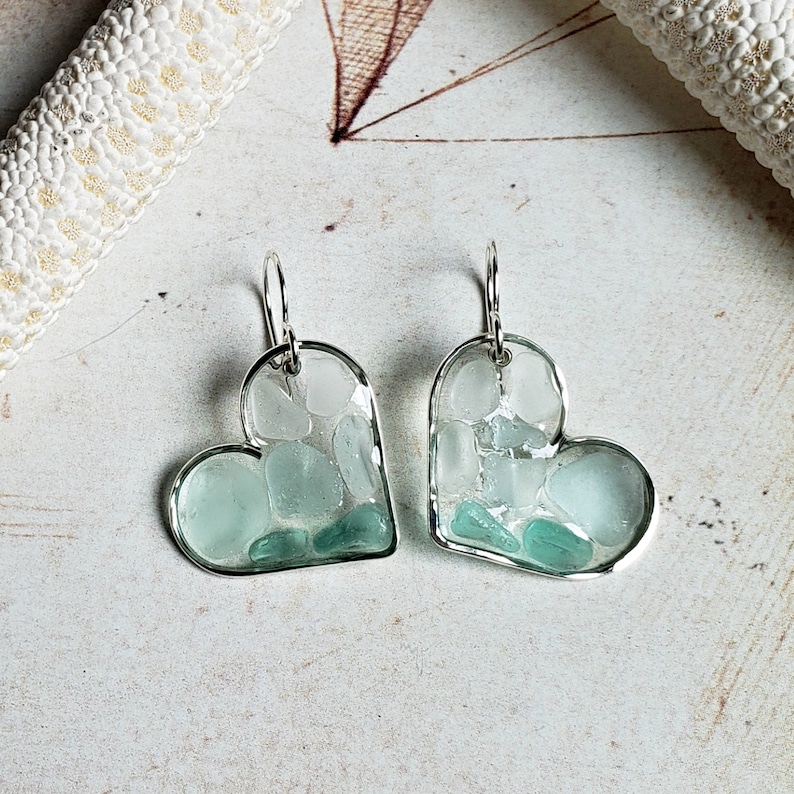 Beach Glass Heart Earrings, Aqua Sea Glass Hearts, Small Resin Heart ...