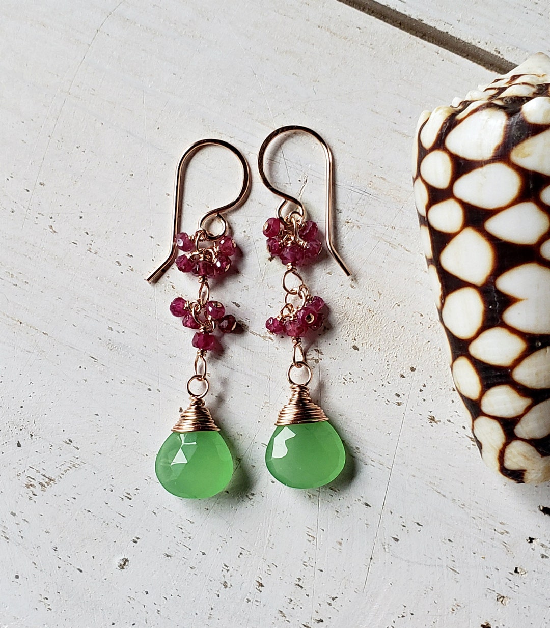 Ruby Green Earrings, Pink Green Cluster Earrings, Dark Ruby Cluster ...