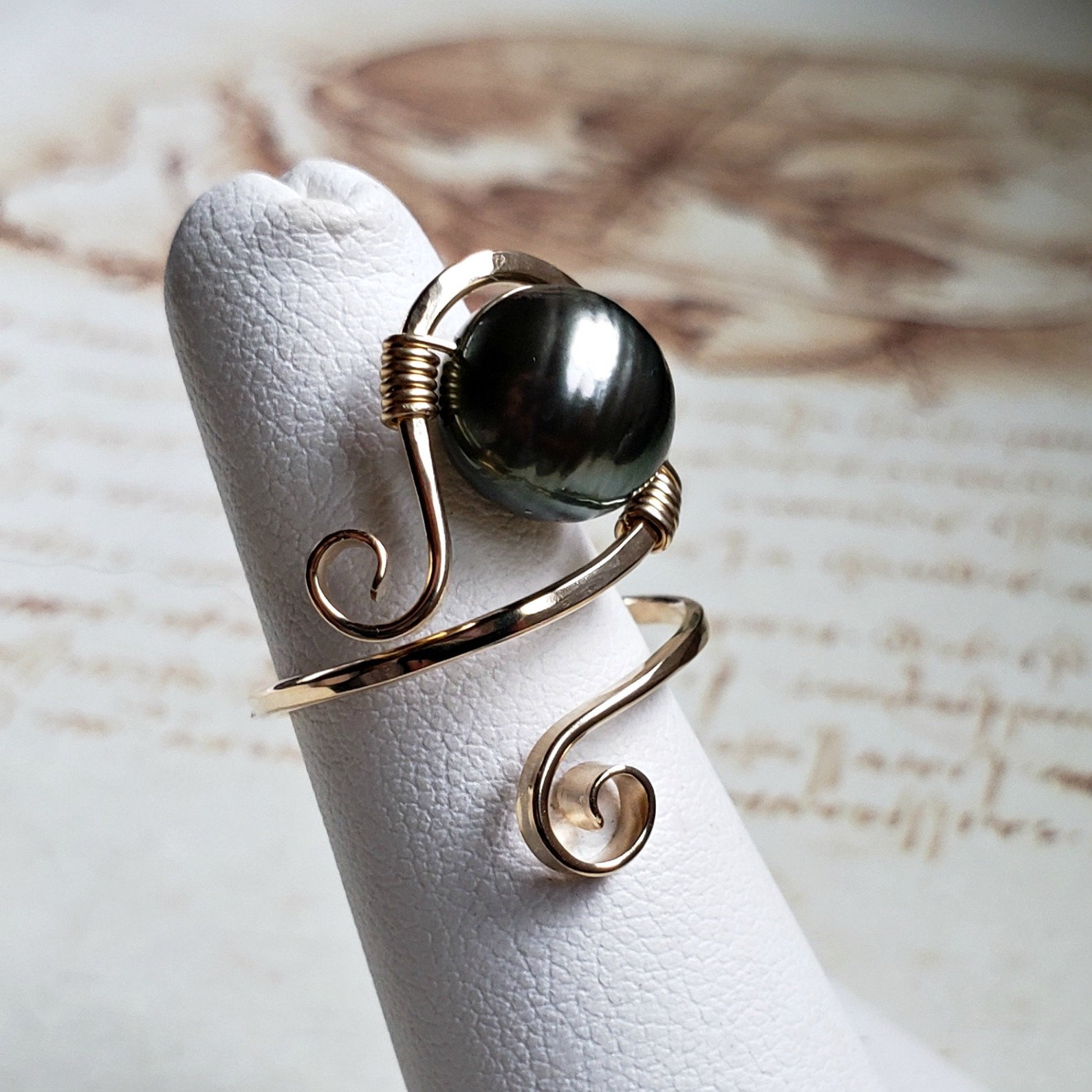 Tahitian Pearl Wire Ring Adjustable Black Pearl Ring Paisley | Etsy