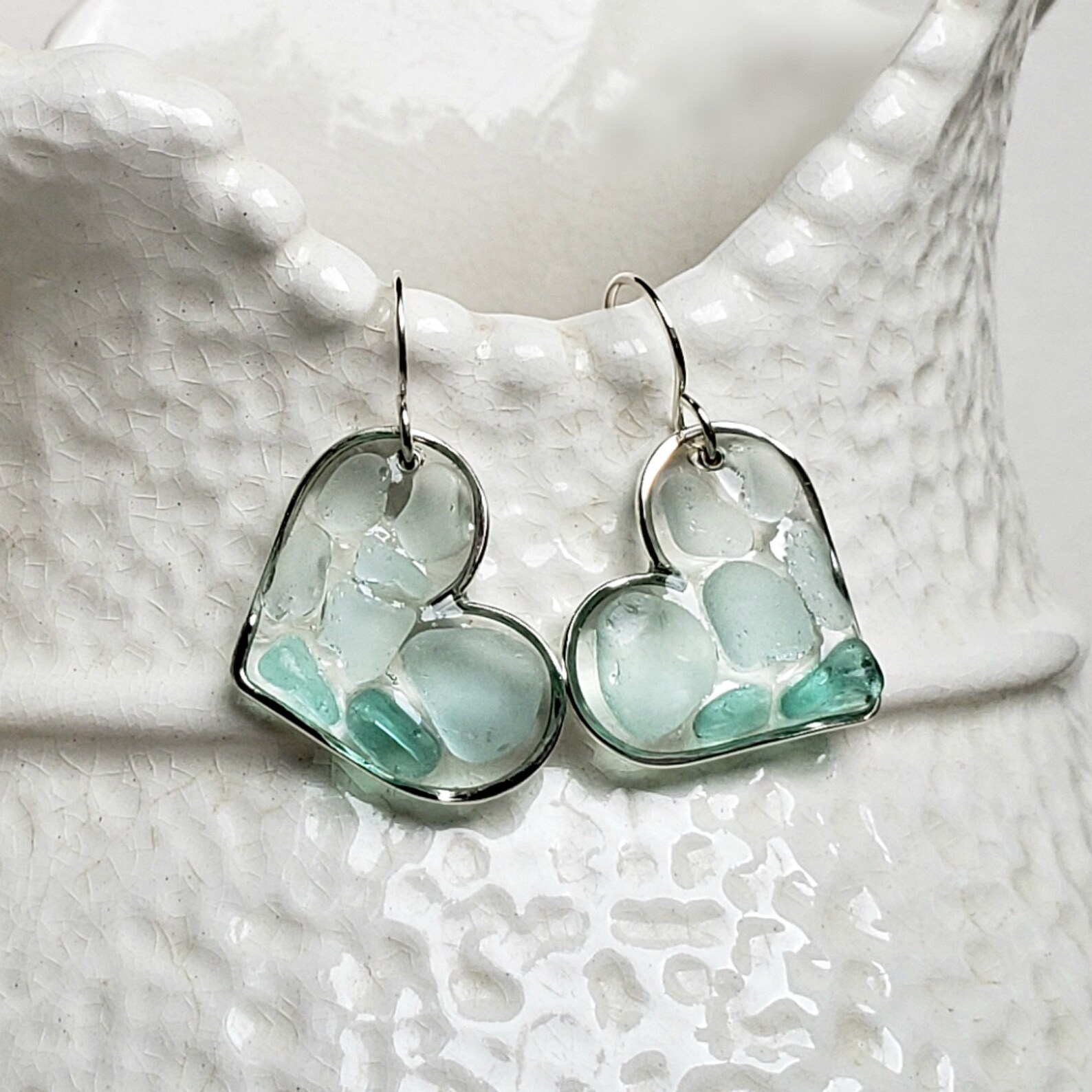 Beach Glass Heart Earrings, Aqua Sea Glass Hearts, Small Resin Heart ...
