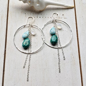 Turquoise Larimar Hoop Earrings, Turquoise Moonstone Cluster, Larimar ...