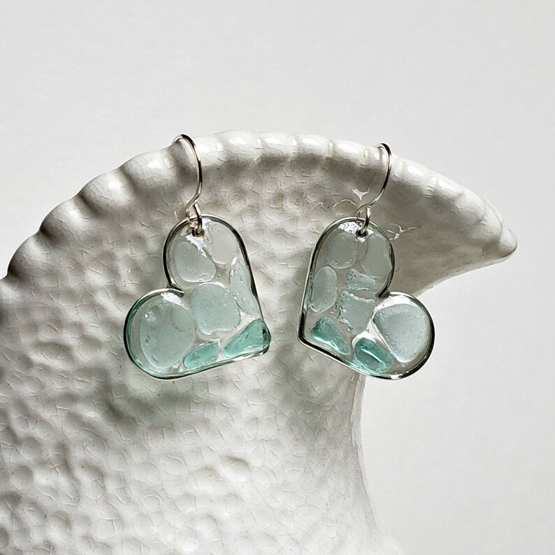 Beach Glass Heart Earrings, Aqua Sea Glass Hearts, Small Resin Heart ...