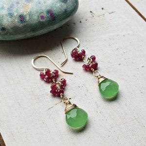 Ruby Green Earrings, Pink Green Cluster Earrings, Dark Ruby Cluster Dangle - Etsy