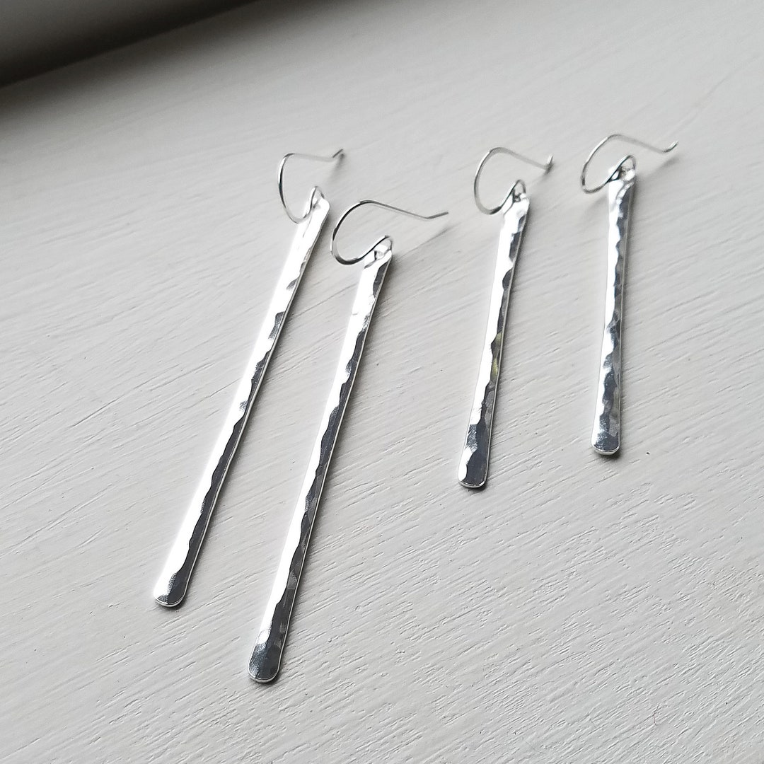 Long Silver Stick Earrings, Hammered Sterling Silver Bar Earrings ...