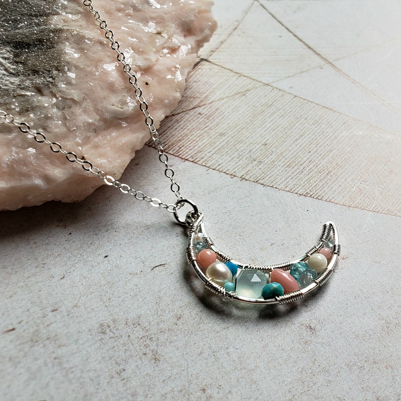 Peach Aqua Moon Necklace Pink Mint Moon Pendant Turquoise | Etsy