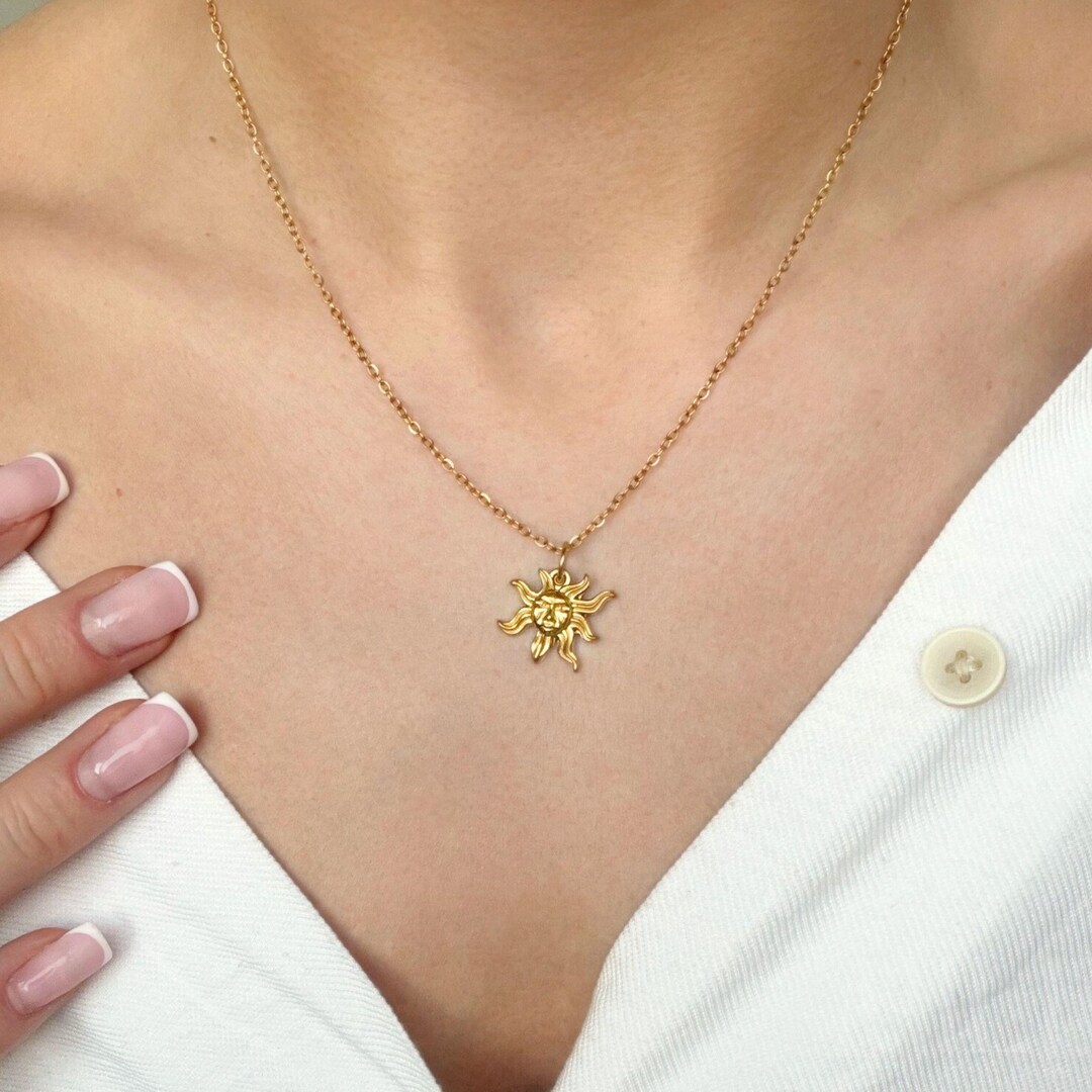 Gold Plated Sun Face Necklace, Sun Face Pedant Jewelry, Sun Charm ...