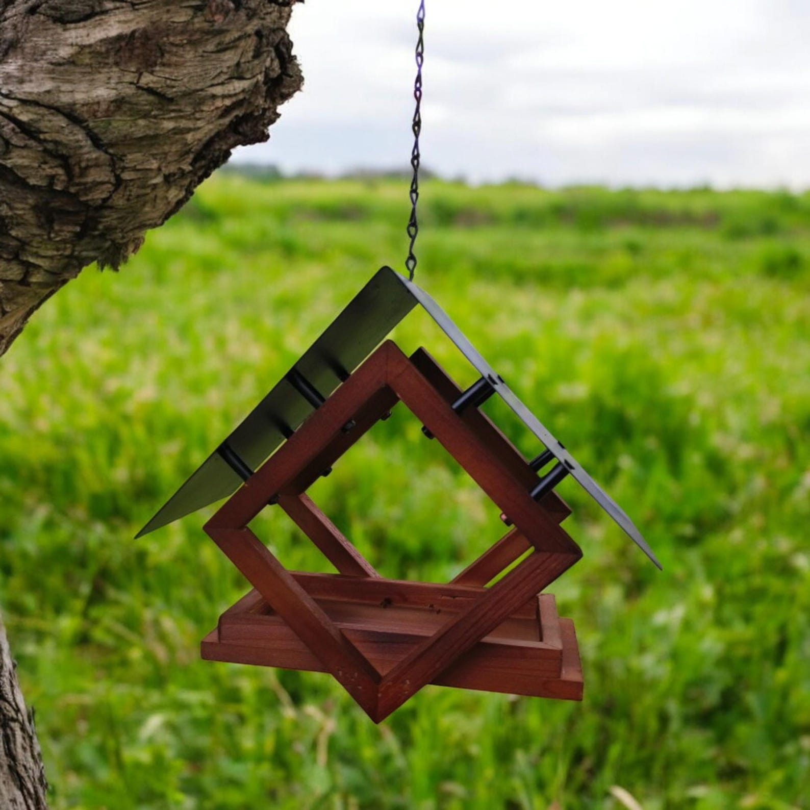 Geometric Bird Feeder: Modern Wooden Hanging Bird Table With Metal Roof ...