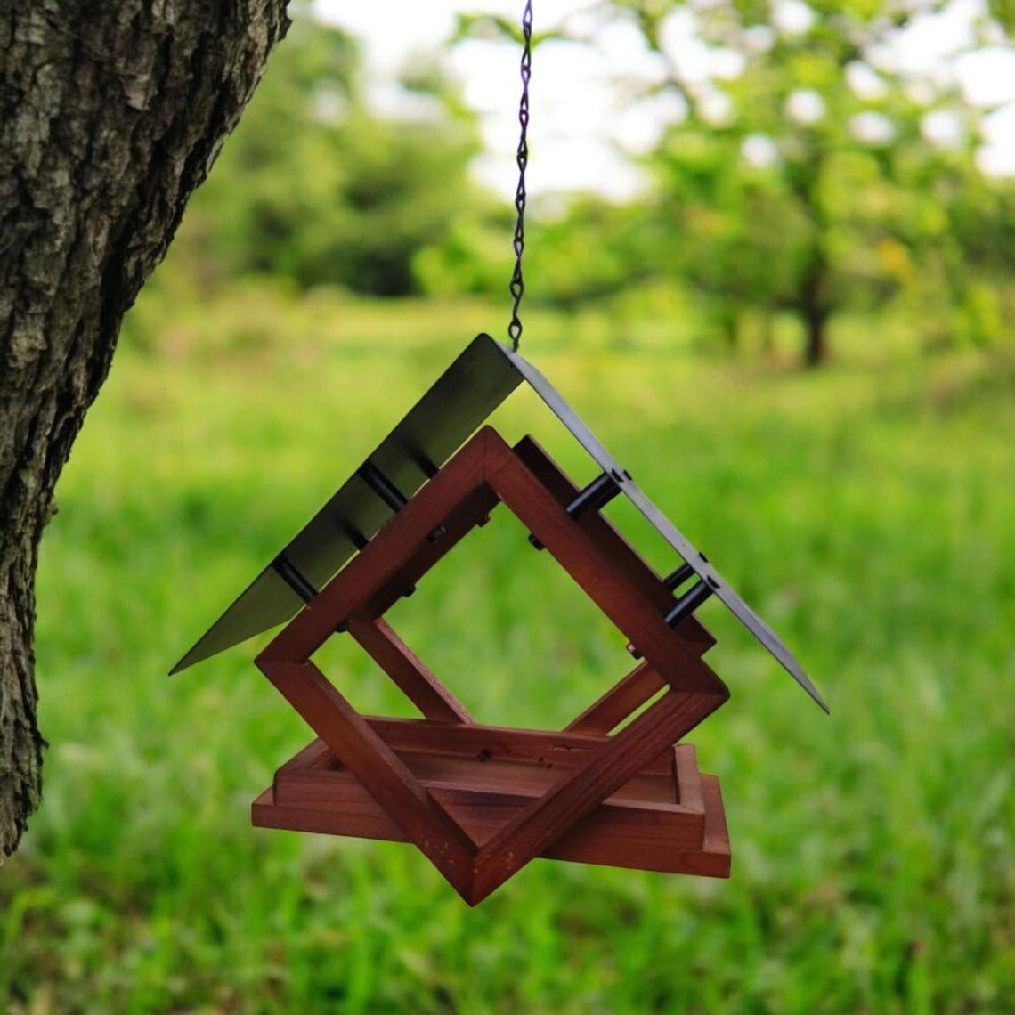 Geometric Bird Feeder: Modern Wooden Hanging Bird Table With Metal Roof ...