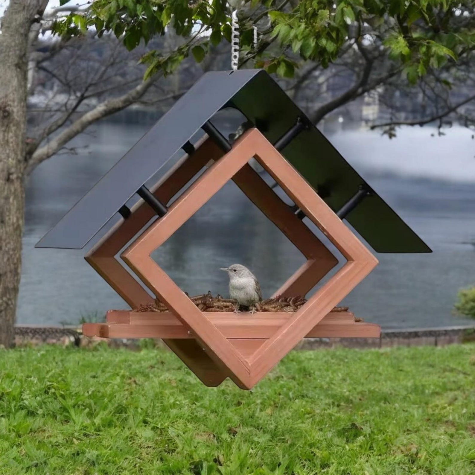 Geometric Bird Feeder: Modern Wooden Hanging Bird Table With Metal Roof ...