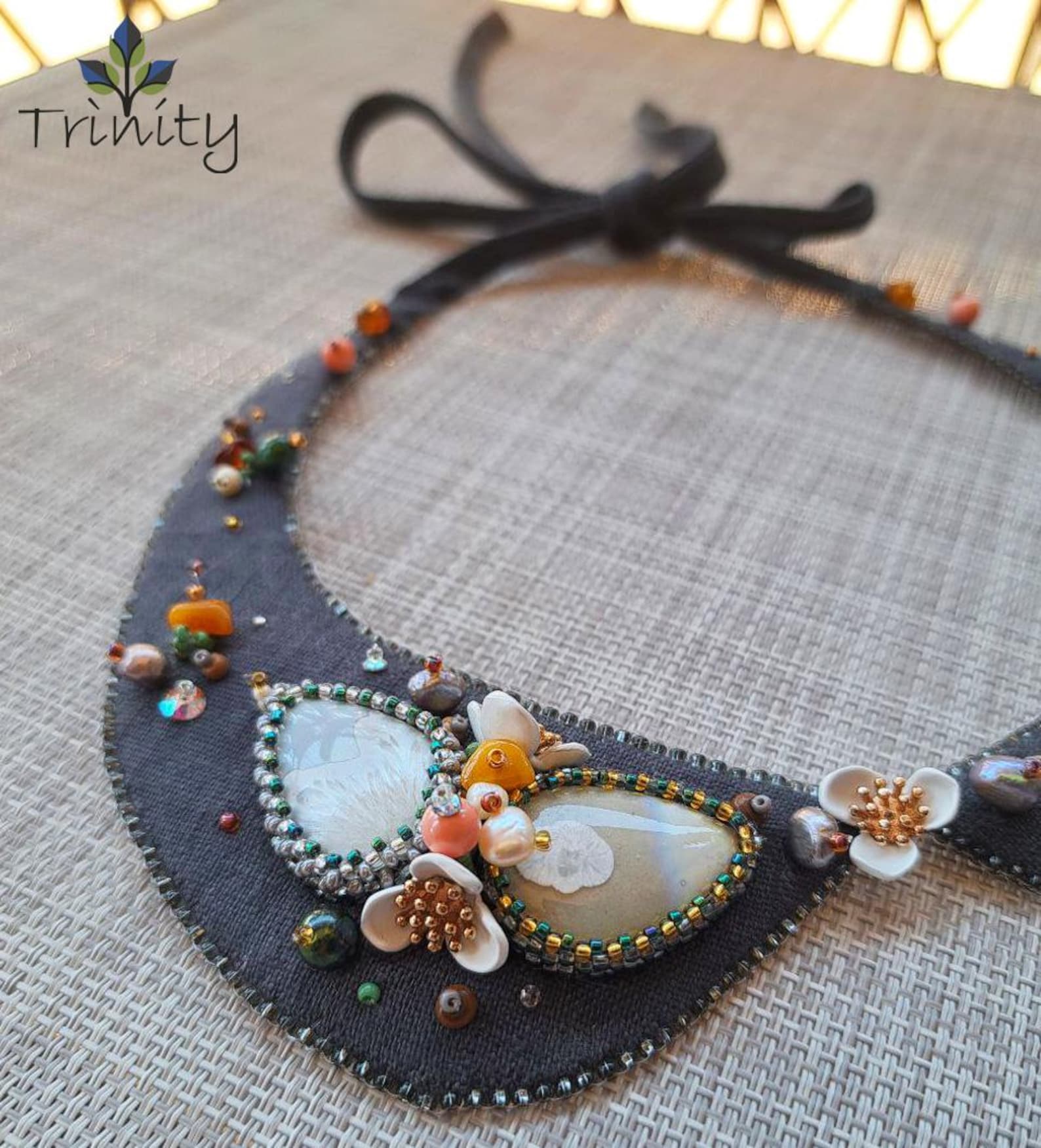 Hand-embroidered Peter Pan Collar Necklace – Linen, Amber & Swarovski ...
