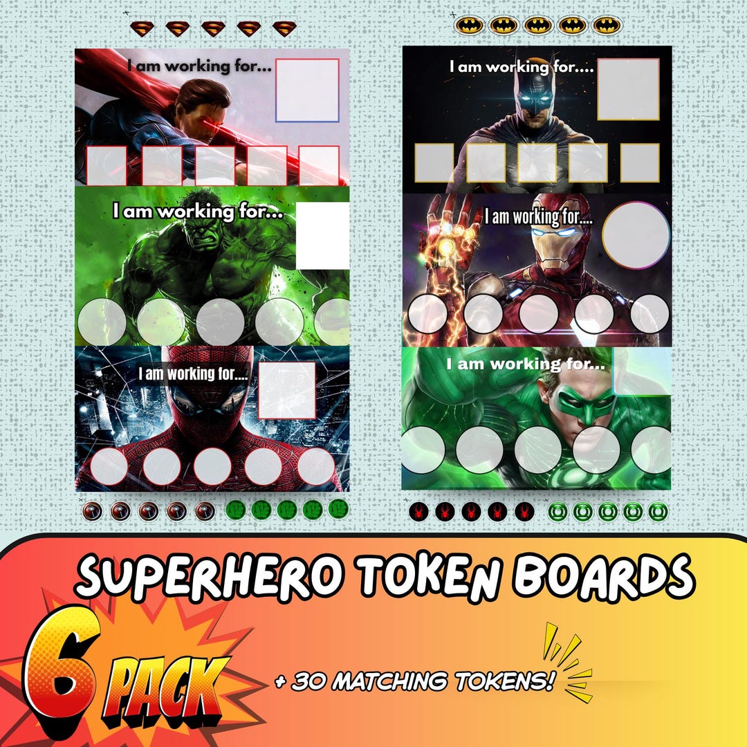 Superhero Token Boards Bundle (6 Pack + 30 Tokens Included) Positive ...