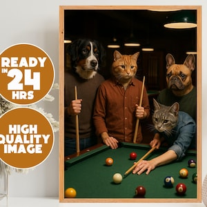 cats playing pool poster