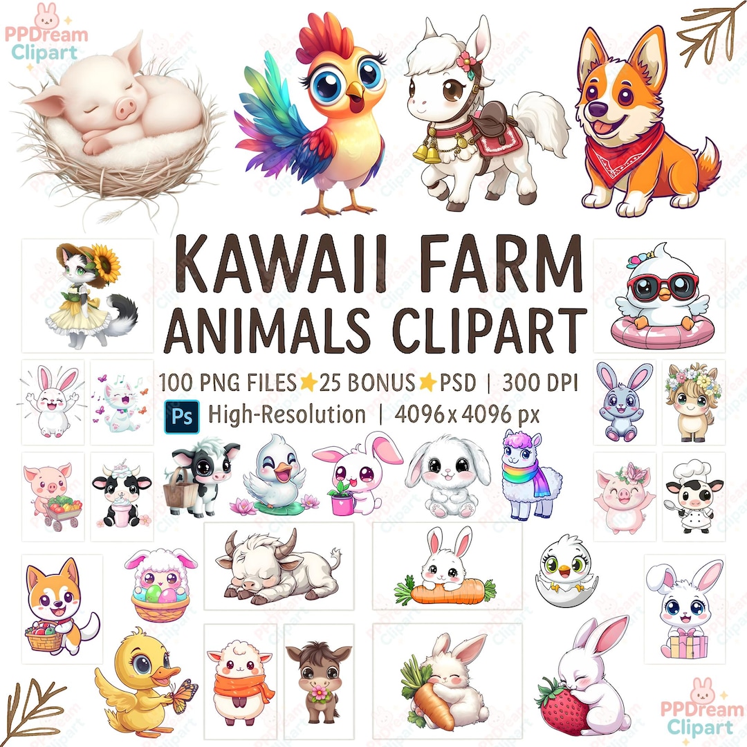Kawaii Farm Animal Clipart – 100 Cute PNG + 25 Bonus | PSD Included ...