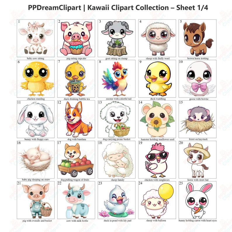Kawaii Farm Animal Clipart – 100 Cute PNG + 25 Bonus | PSD Included ...