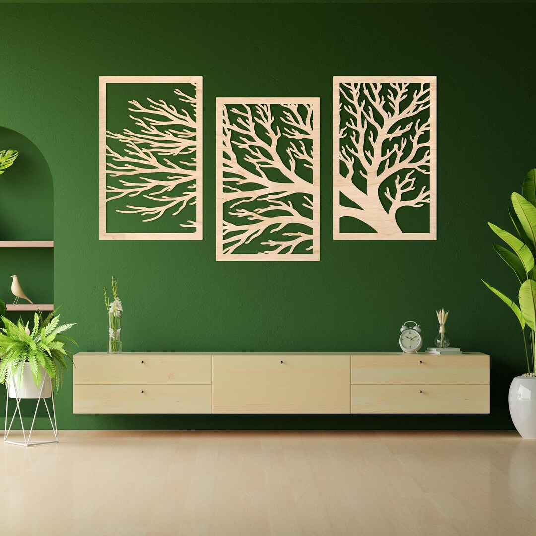 Wooden Tree Wall Decoration, Tree Panel Wood, Tree Panel Art, 3 Panel ...