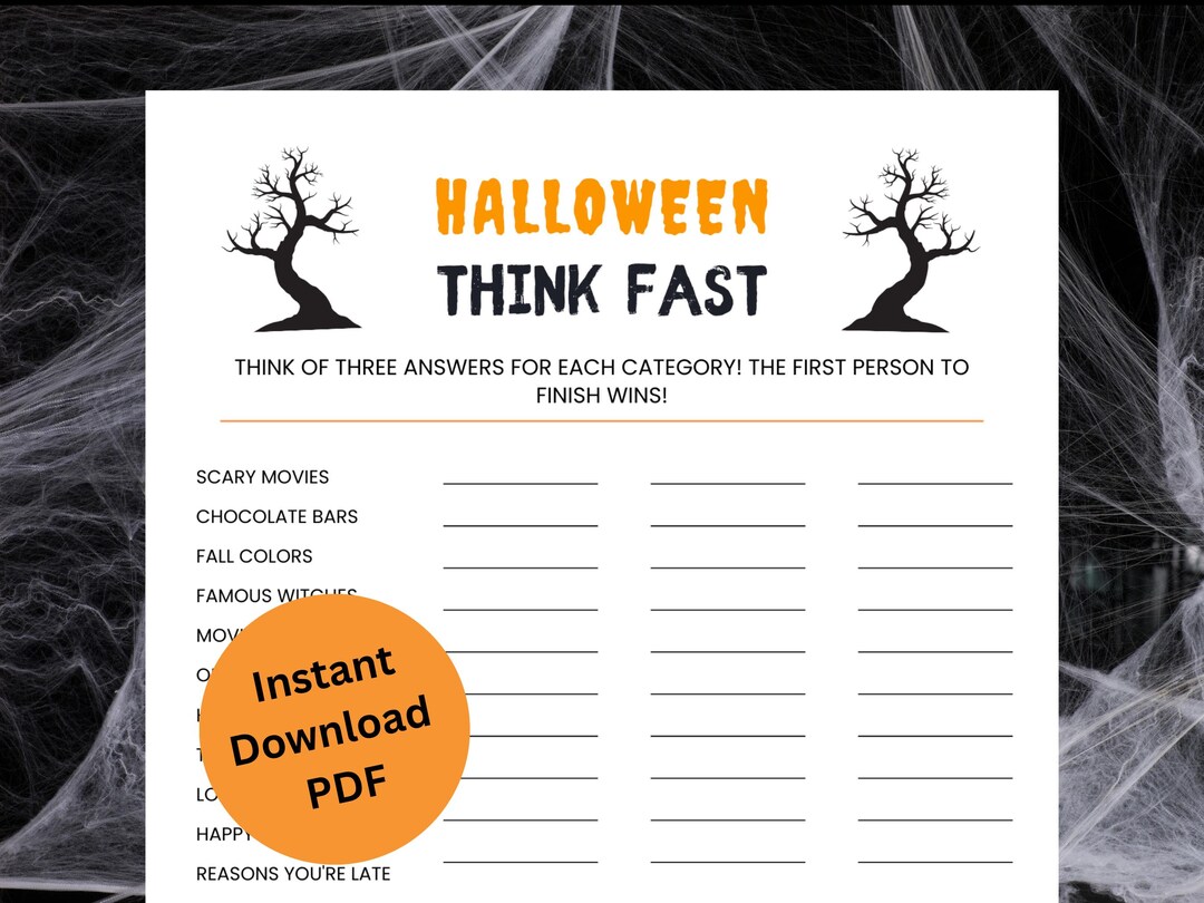 Halloween Think Fast Game Printable | Halloween Party Game | Spooky ...