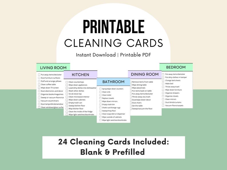 Printable Cleaning Checklist Cards | Home Organization | Instant ...