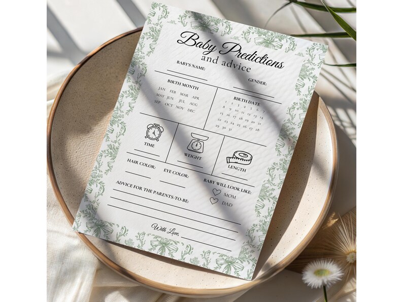 Sage Green Baby Predictions and Advice Card | Editable Gender Reveal ...