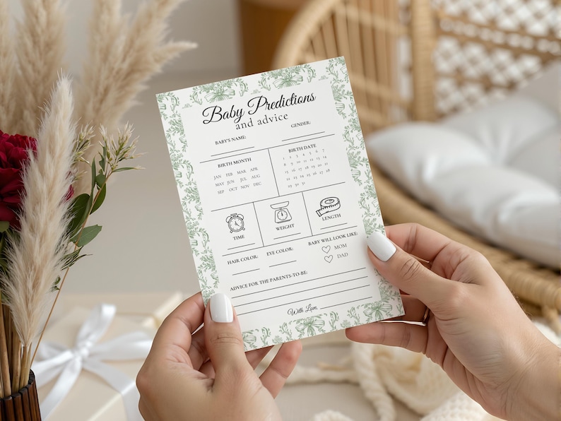 Sage Green Baby Predictions and Advice Card | Editable Gender Reveal ...