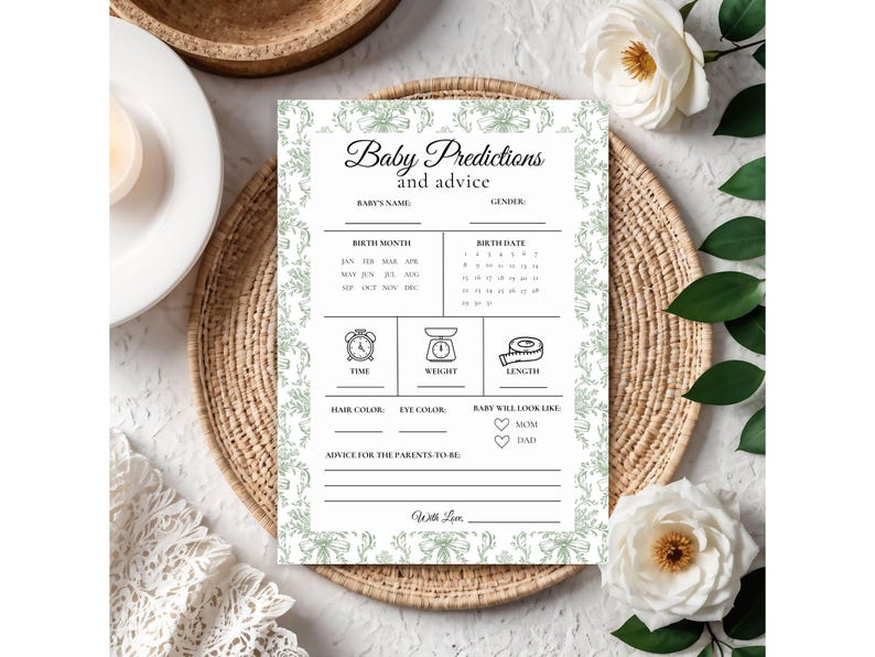 Sage Green Baby Predictions and Advice Card | Editable Gender Reveal ...