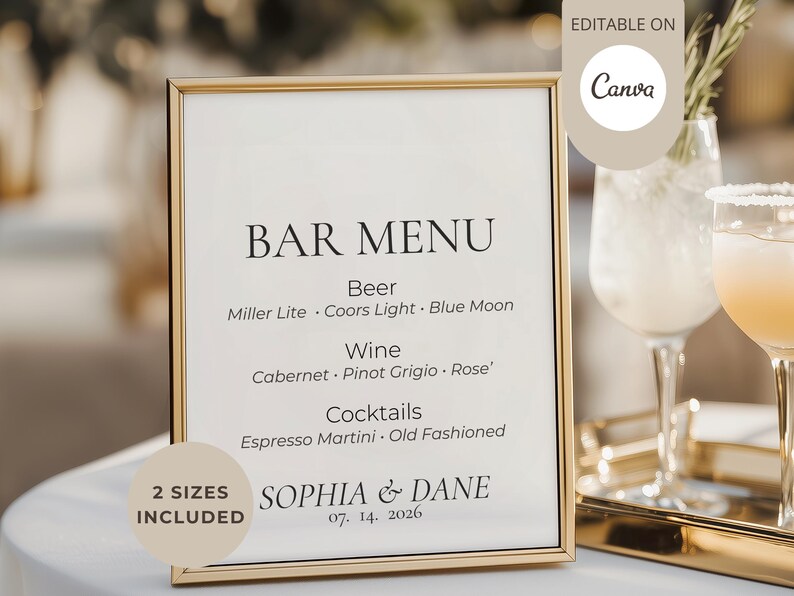 Editable Wedding Bar Menu Sign | Modern Wedding Drink Menu Template ...