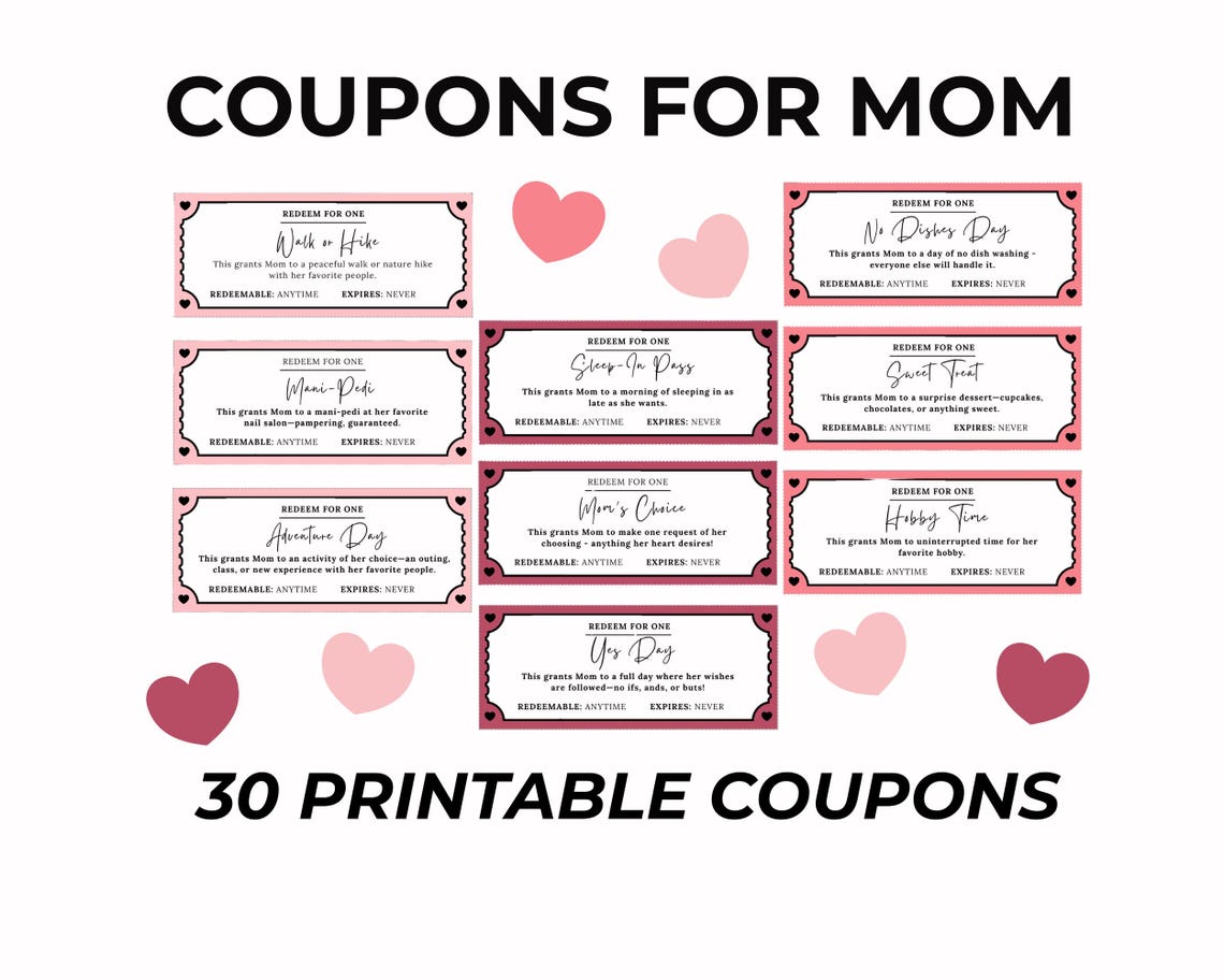 Printable Coupon Booklet to Celebrate Mom | 30 Vouchers for Mother's ...