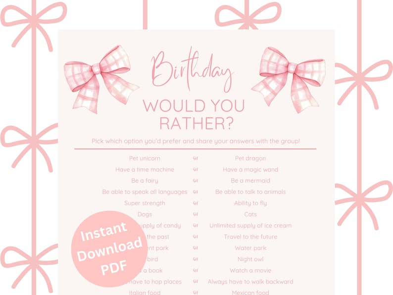 Would You Rather Game Printable | Teen Birthday Party Game | Girls ...