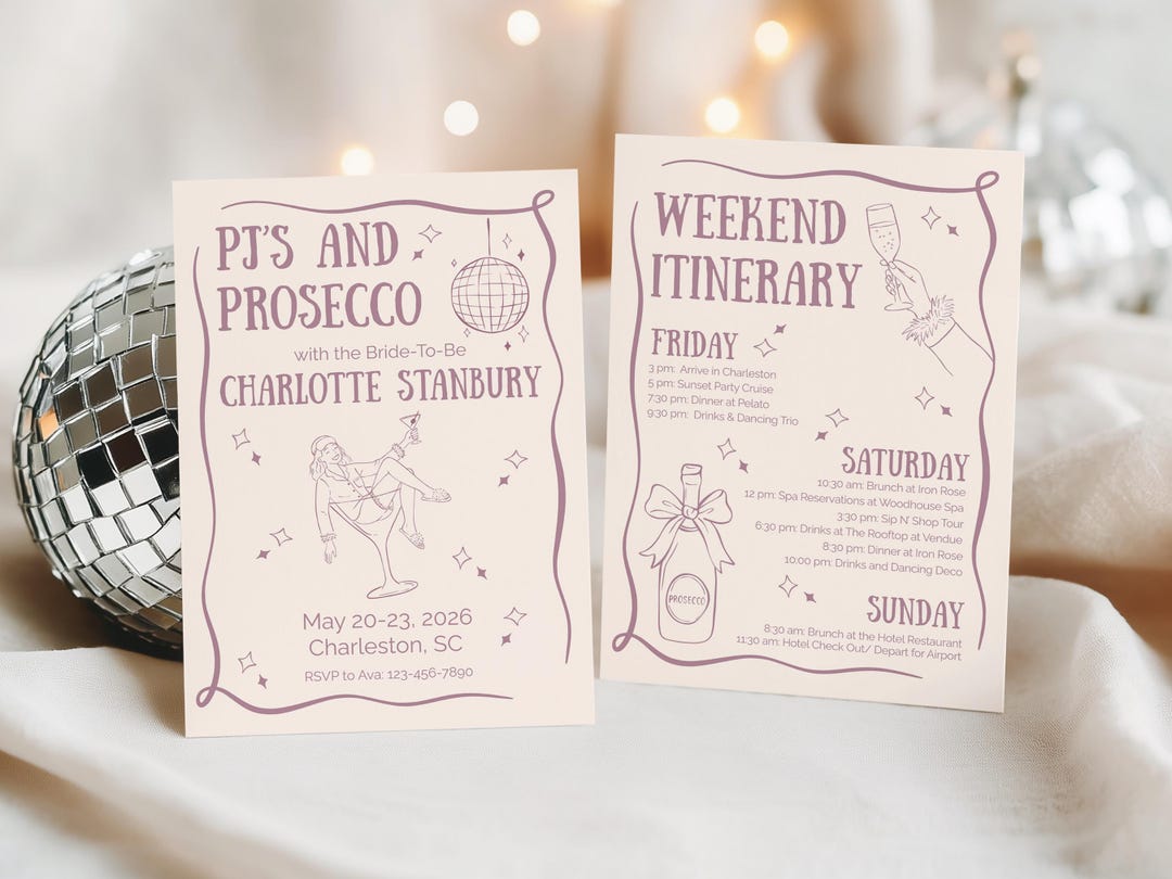 Pjs and Prosecco Bachelorette Invitation & Itinerary Template ...