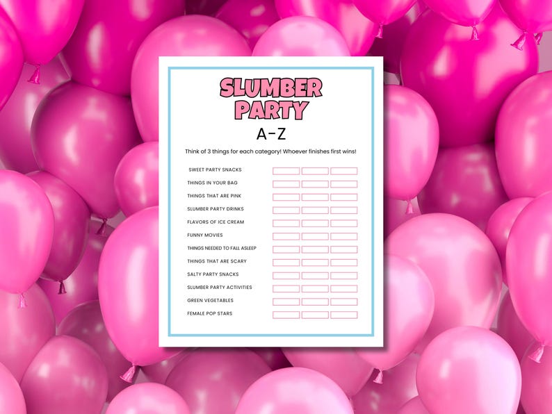 Teen Sleepover A-Z Think Fast Game Printable | Slumber Party Word Game ...