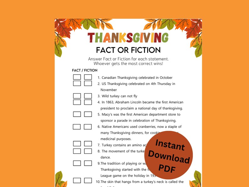 Thanksgiving Fact or Fiction Trivia Game: Family and Classroom Activity ...