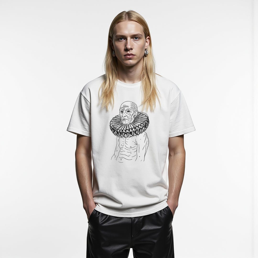 Absurd Ruffle Collar Shirt | Sad Old Man Line Art Tee | Surreal Anti ...