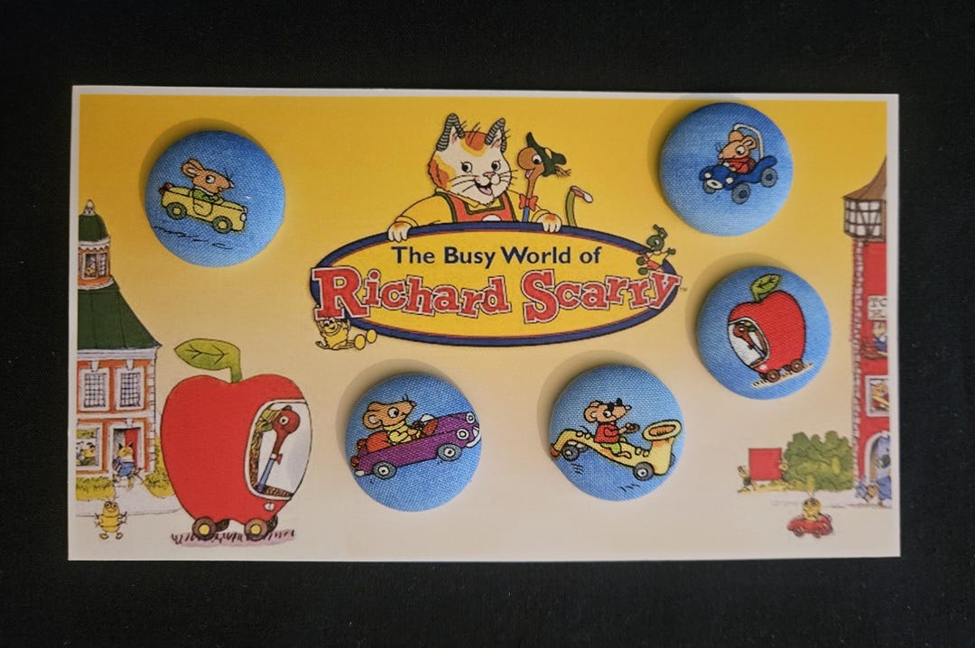 SALE : Richard Scarry Busy Town BUTTONS Fabric Self Covered Aluminum ...