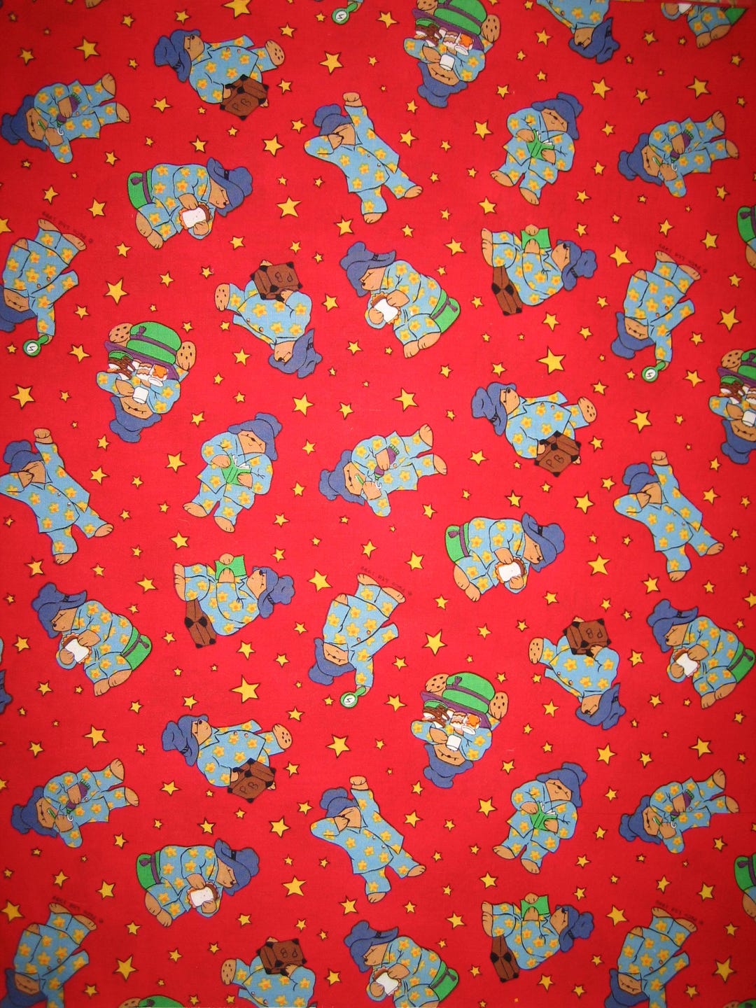 Paddington Bear in Pajamas on Red Cotton Fabric by Rose & Hubble, 1999 ...