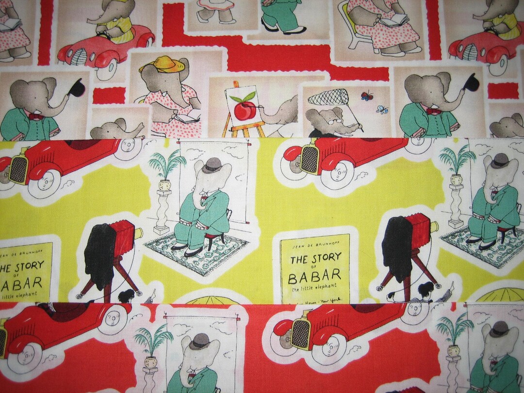 VERY RARE : Babar the Elephant Fabric 3 Fat Quarters Camelot Fabrics ...