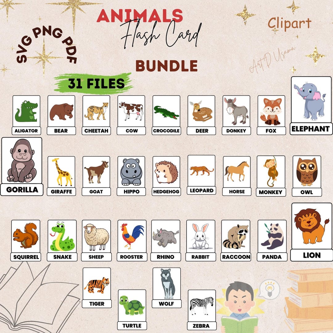 Animals Flash Card SVG PNG PDF Bundle | Kids Learning Clipart ...