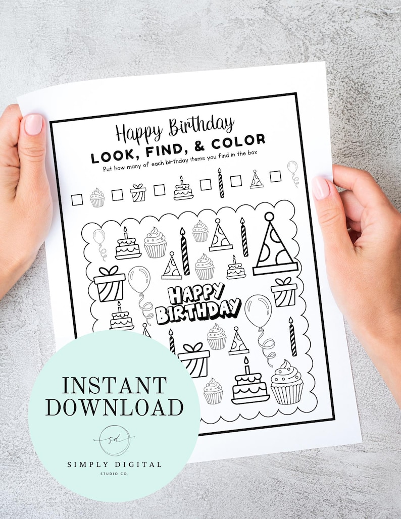 Birthday Look, Find & Color Worksheet – Printable Kids Activity ...