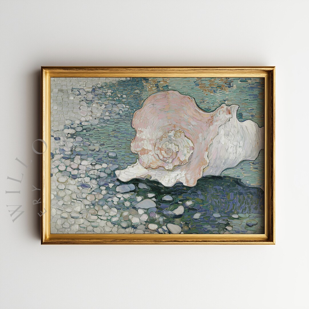 Coastal Conch Shell Art, Beachy Ocean Painting - Vintage Seaside Wall ...