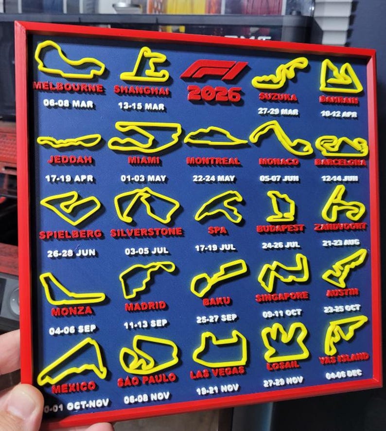 F1 2026 Calendar Wall Art | 3D Printed Formula Racing Track Map - Etsy