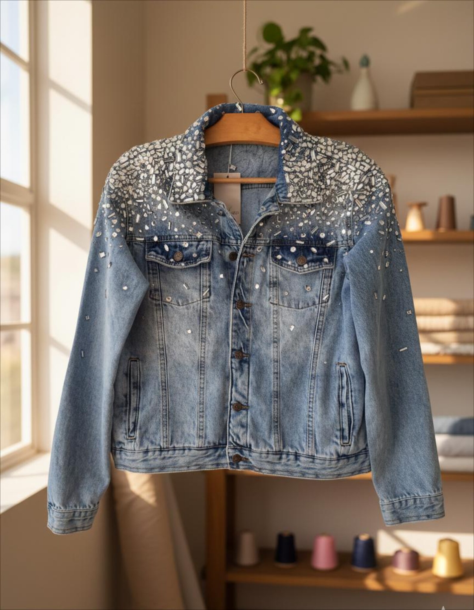 Handmade Pearl & Crystal Denim Jacket – Women's Rhinestone Festival ...