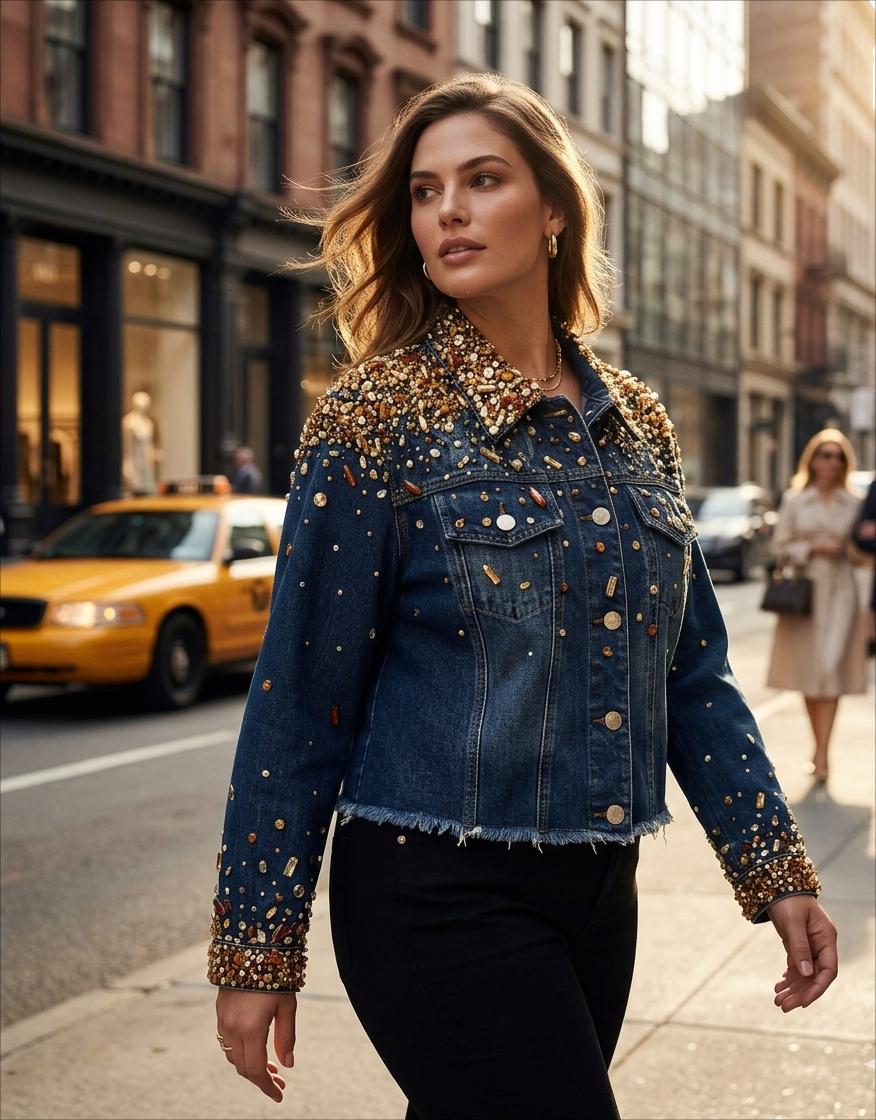 Crystal Embellished Denim Jacket for Women – Handmade Rhinestone ...