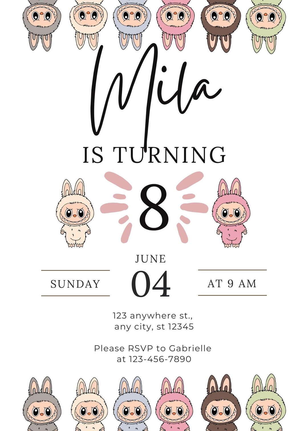 Labubu Birthday Invitation, Labubu Editable Template, Labubu Birthday ...