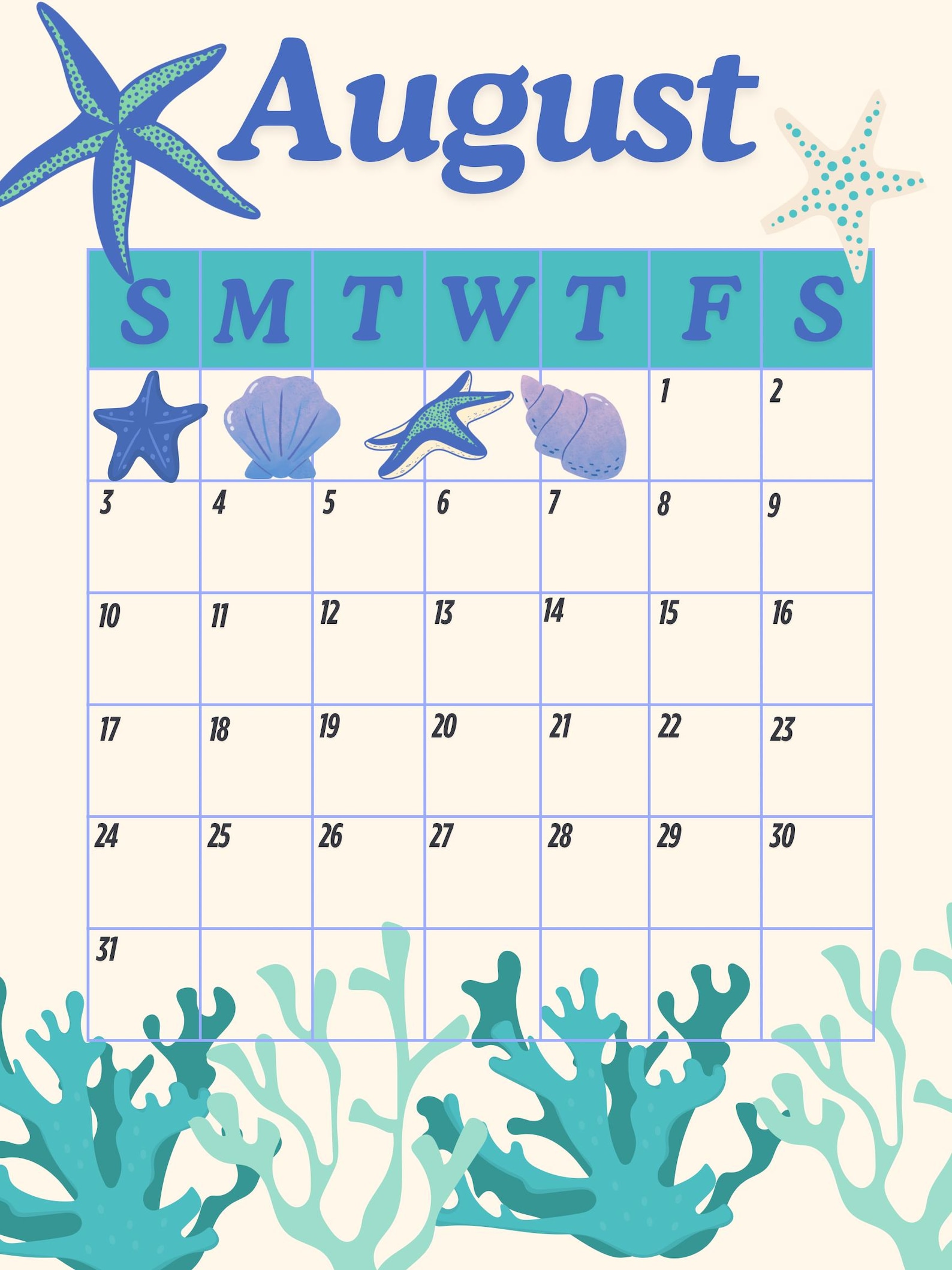 August 2025 Digital Calendar / Beach and Ocean Theme / Printable ...
