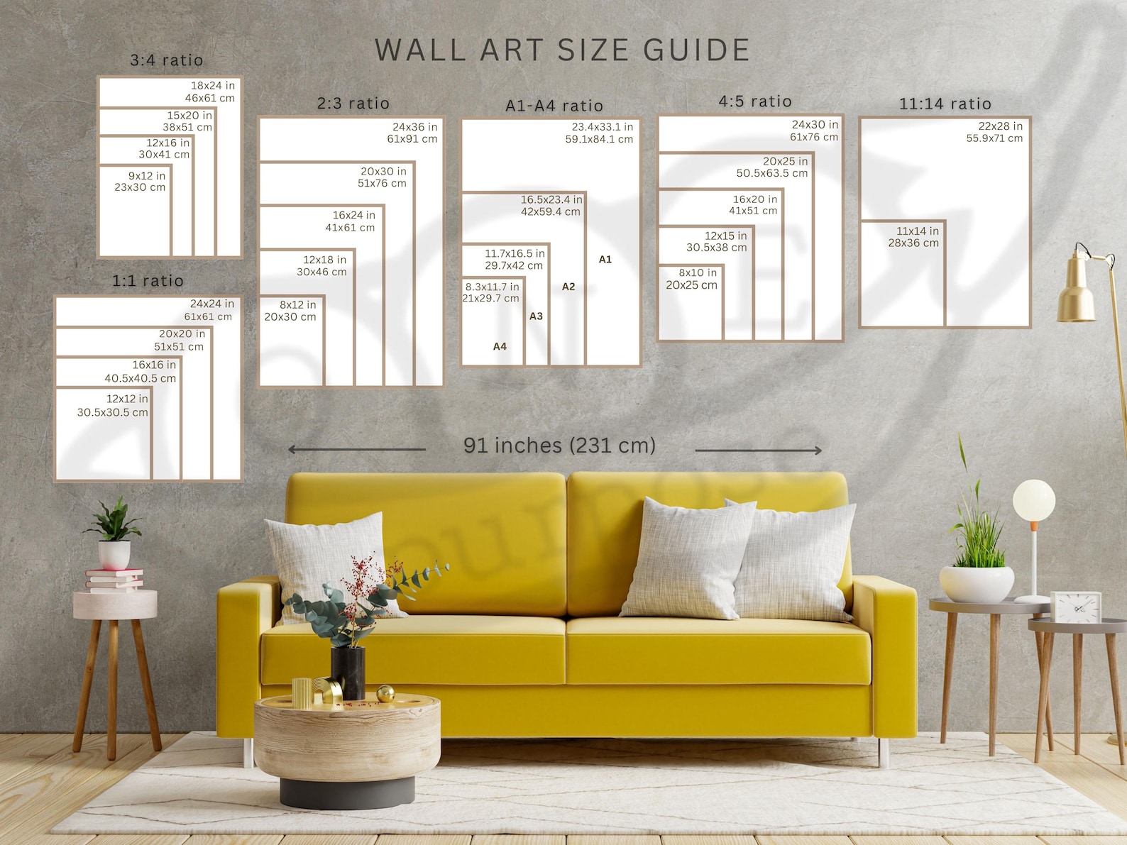 Set of 3 - Vertical Art Size Guide- Wall Art Size Guide and Customer ...